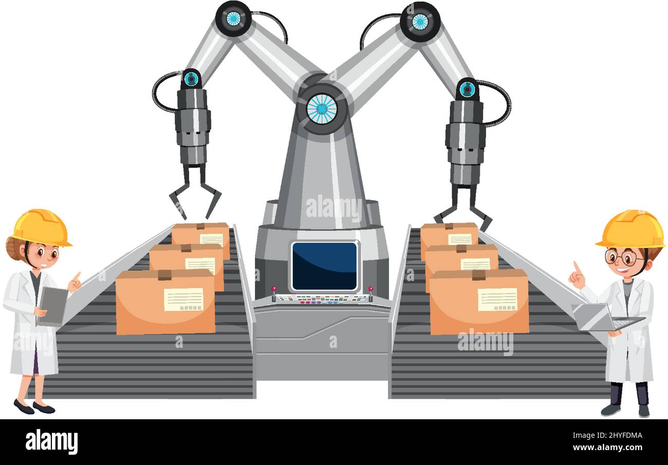 Automation industry concept with assembly line robots illustration ...