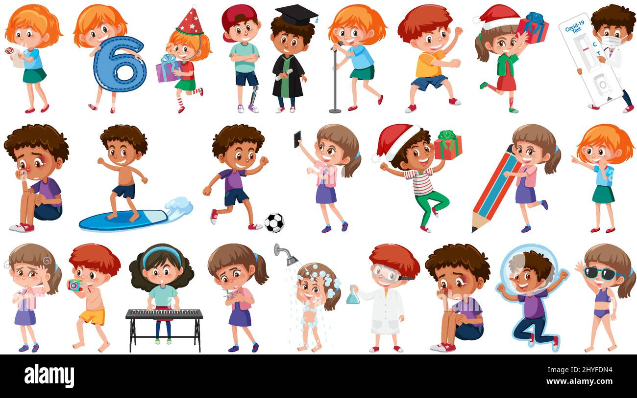Set of children doing different activities on white background ...