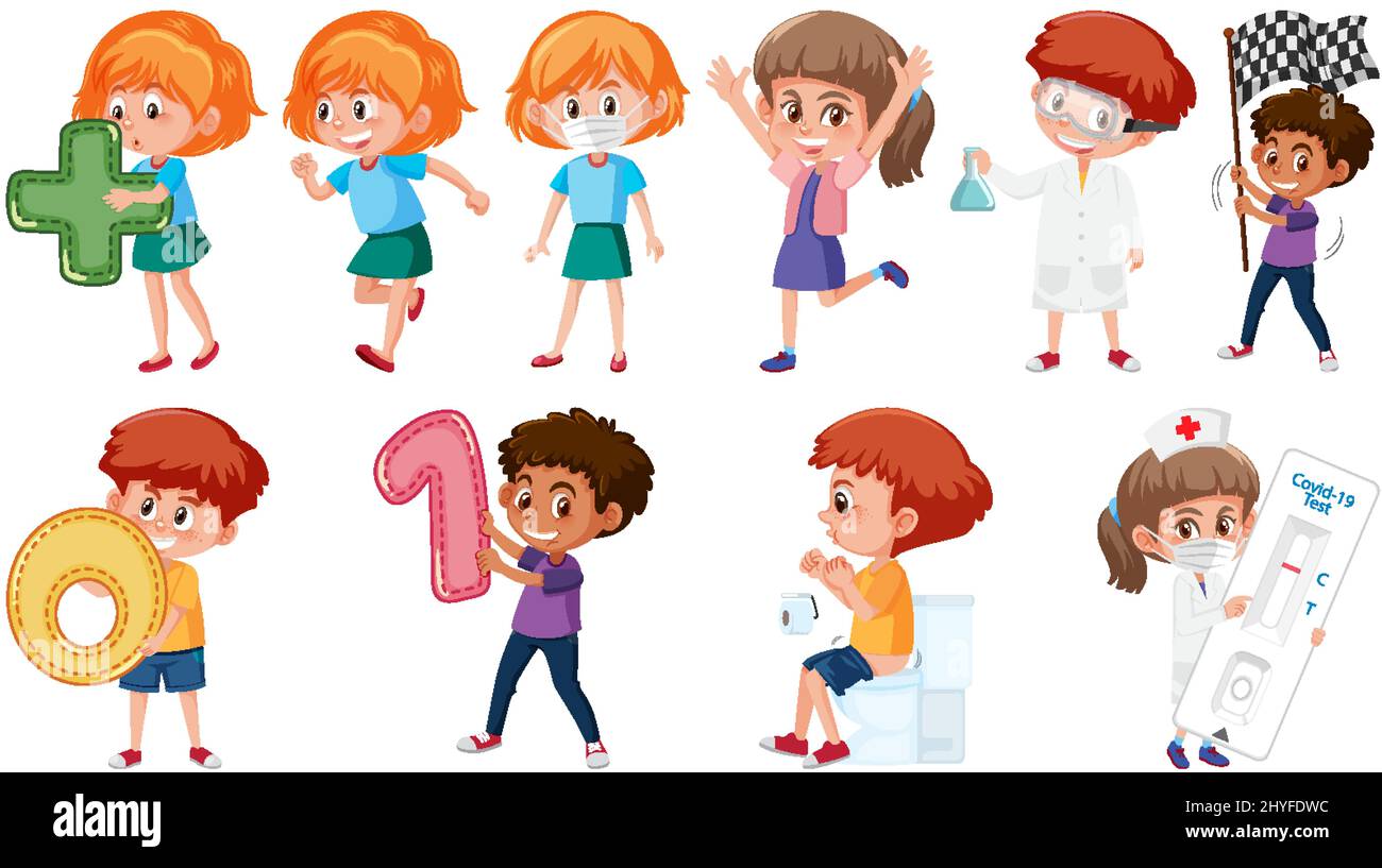 Set of children doing different activities on white background ...