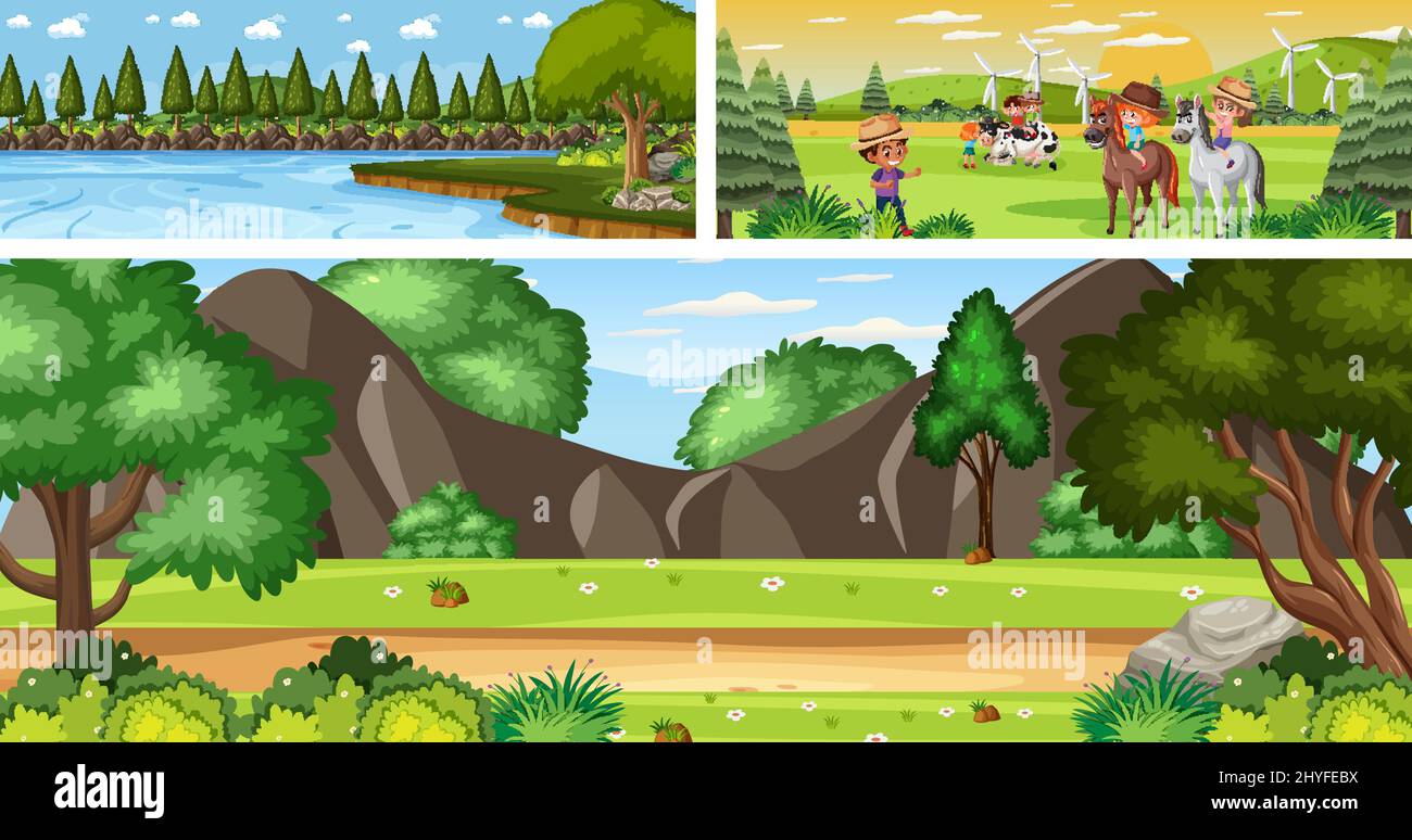 Set of different outdoor landscape scenes with cartoon character ...