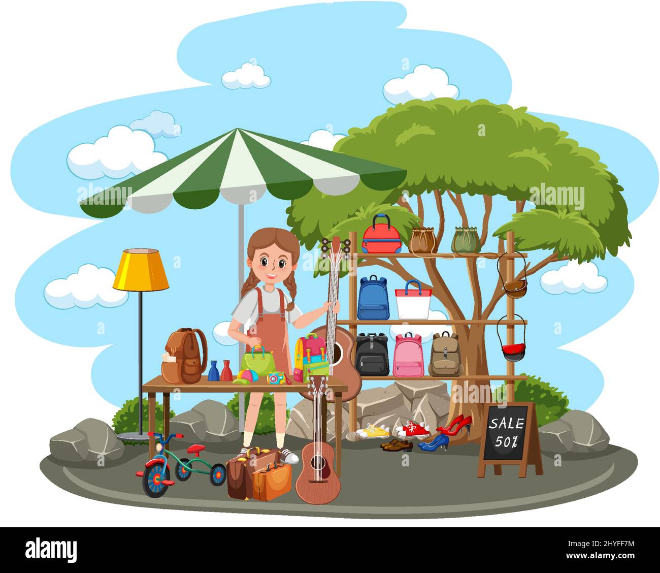 Flea market concept with second hand clothes shop illustration Stock ...