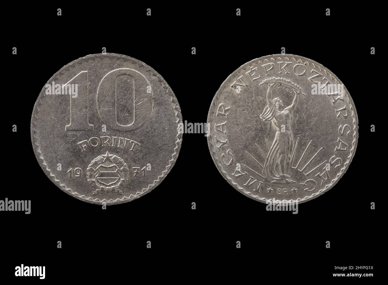 Hungarian 10 forint coins from 1975 on a black background Stock Photo ...