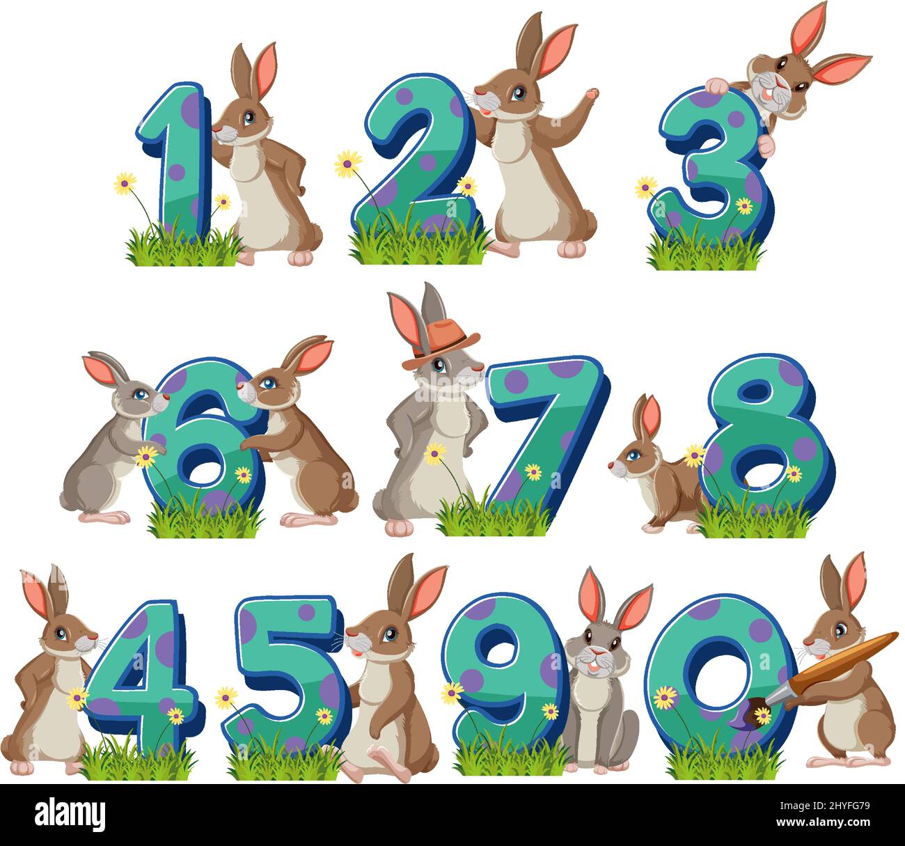 Set of different rabbit holding the numbers isolated on white ...
