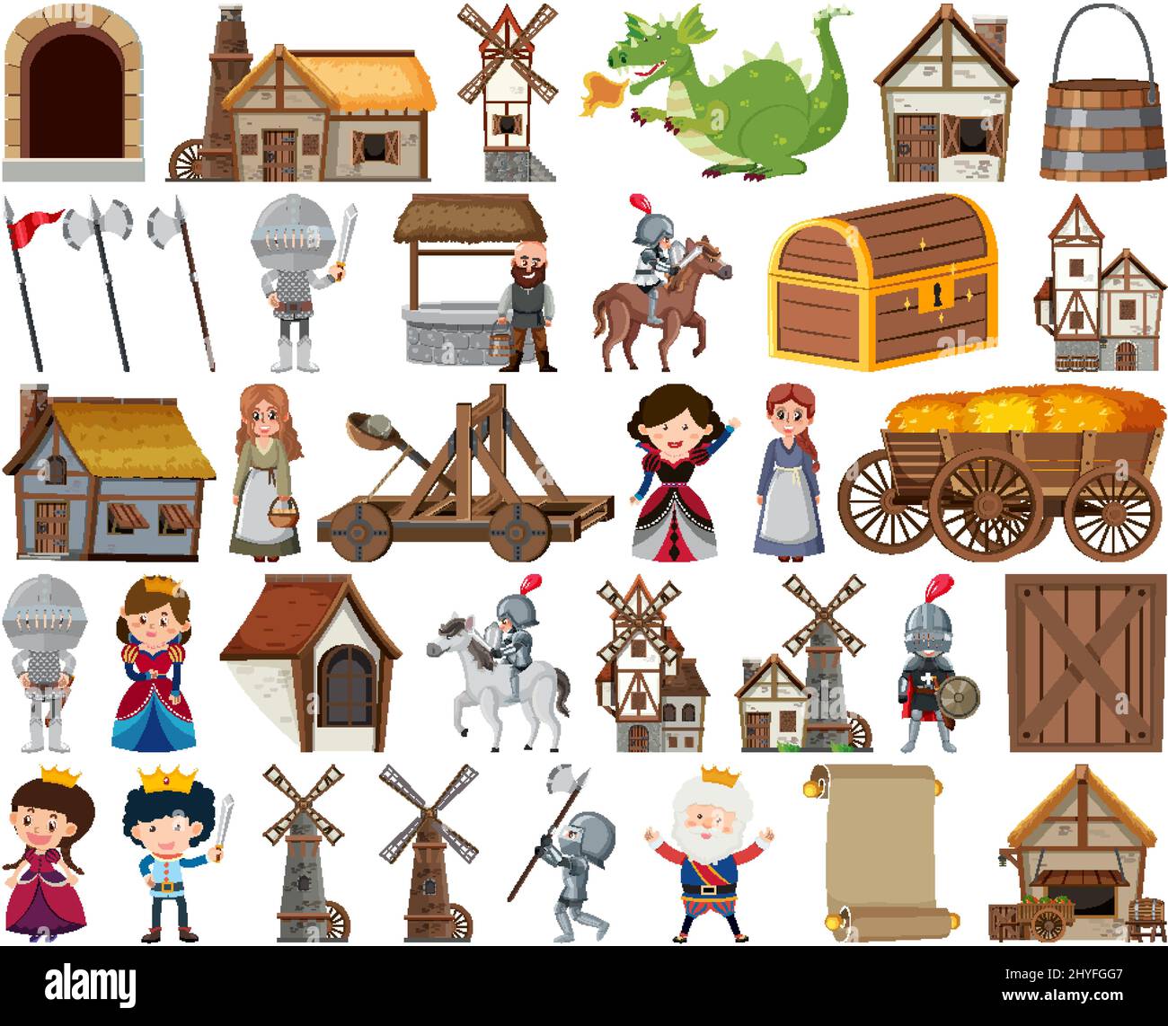 Medieval characters buildings set illustration Stock Vector Image & Art ...