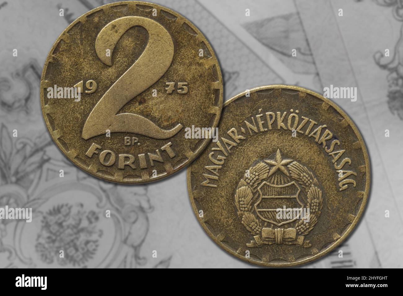 Hungarian forint coins from 1975 on a paper background Stock Photo - Alamy