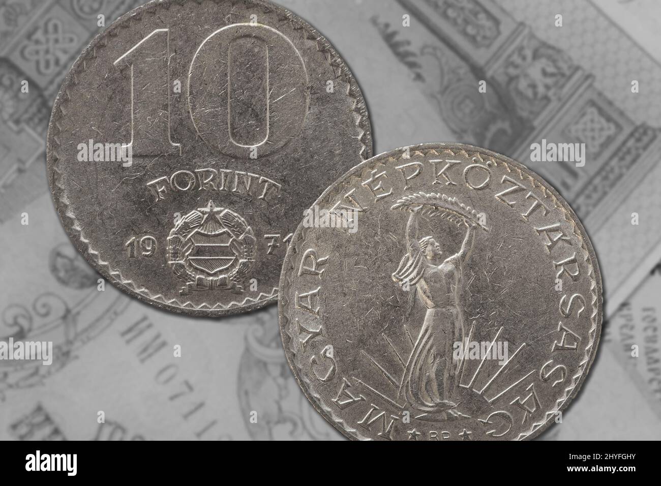 Hungarian 10 forint coins from 1975 on a paper background Stock Photo ...