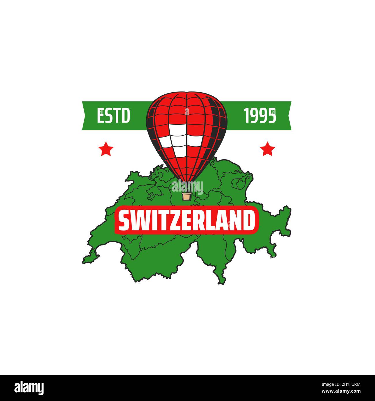 Switzerland map and hot air balloon icon. Switzerland travel or tourist ...