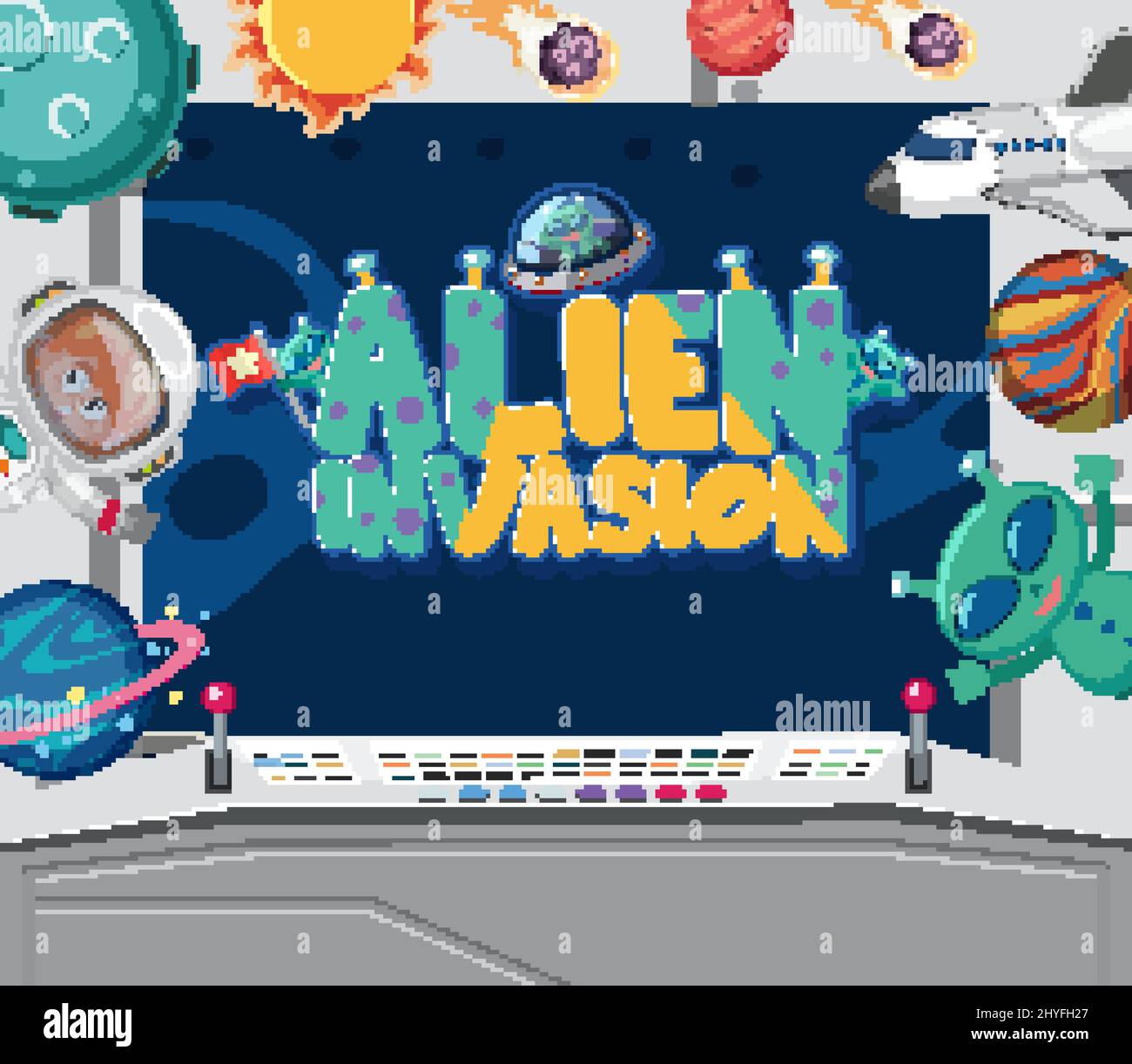 Spaceship monitor scene with alien and astronaut illustration Stock ...