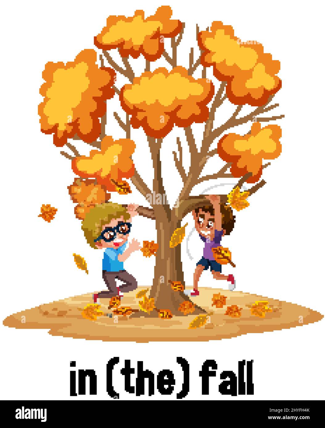 English prepositions of time with fall season scene illustration Stock ...