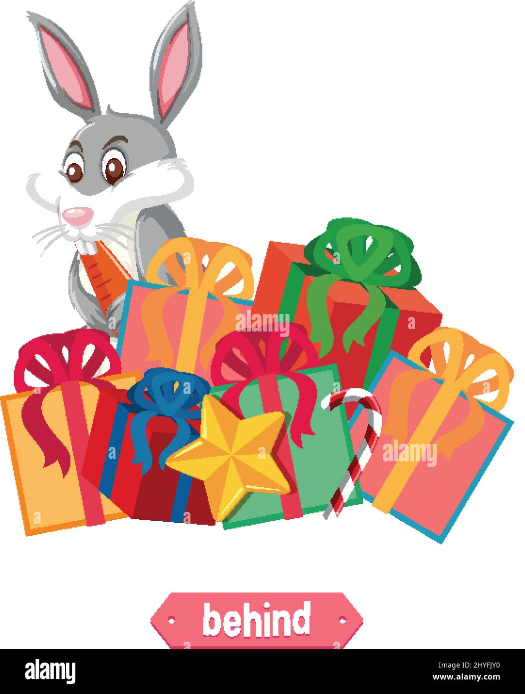Preposition wordcard with rabbit and presents illustration Stock Vector ...