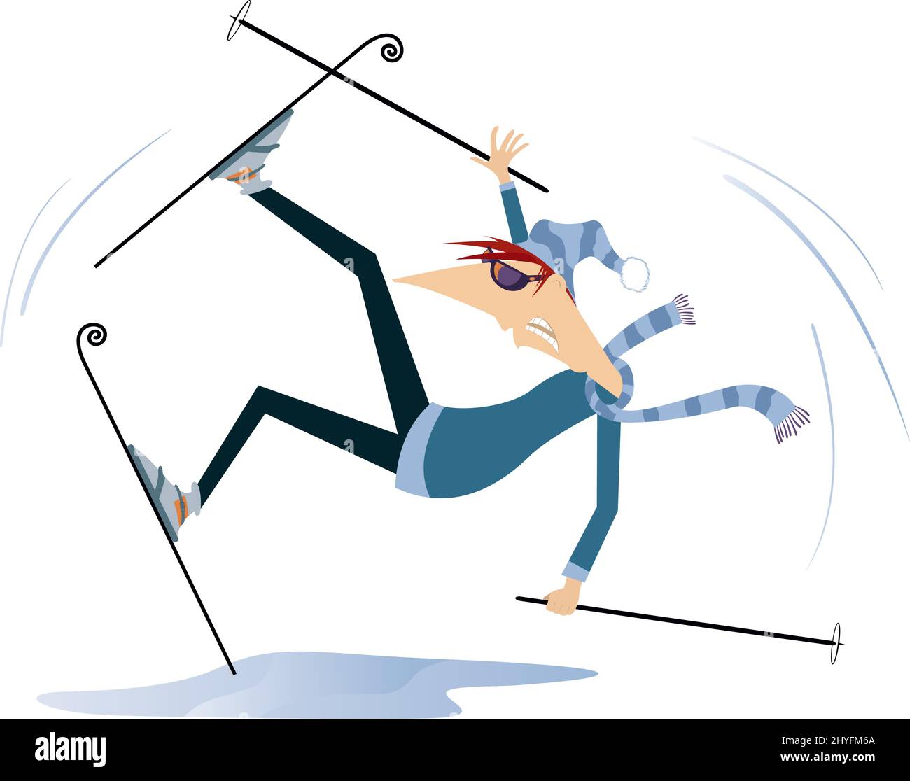 Falling skier man illustration. Cartoon falling skier man in sunglasses ...