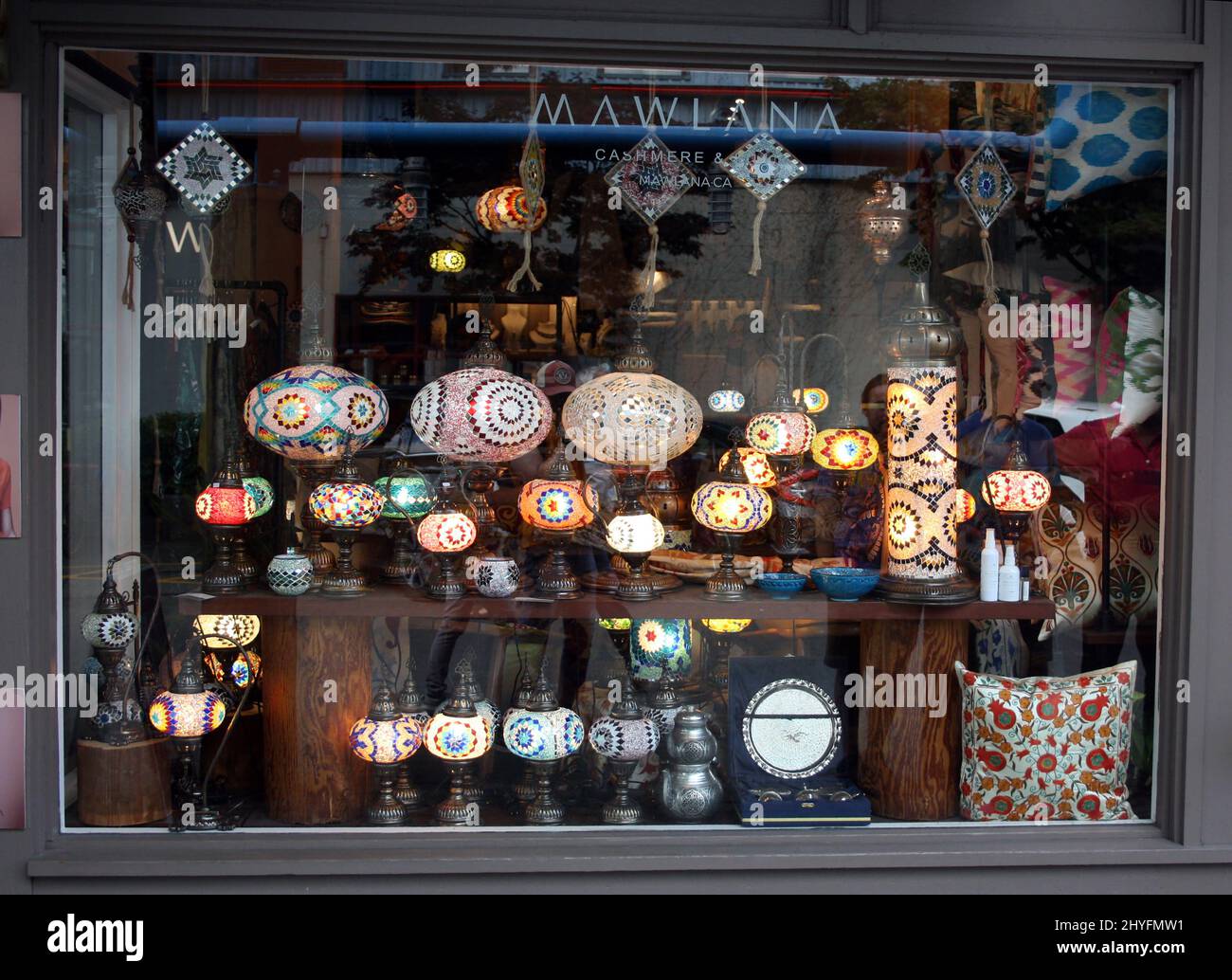 Colorful lamp shapes at the shop window on Granville Island, Vancouver ...