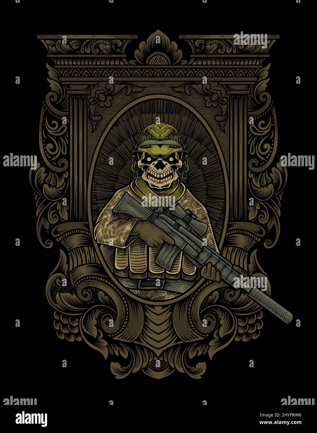 illustration vintage skull army with engraving style Stock Vector Image ...