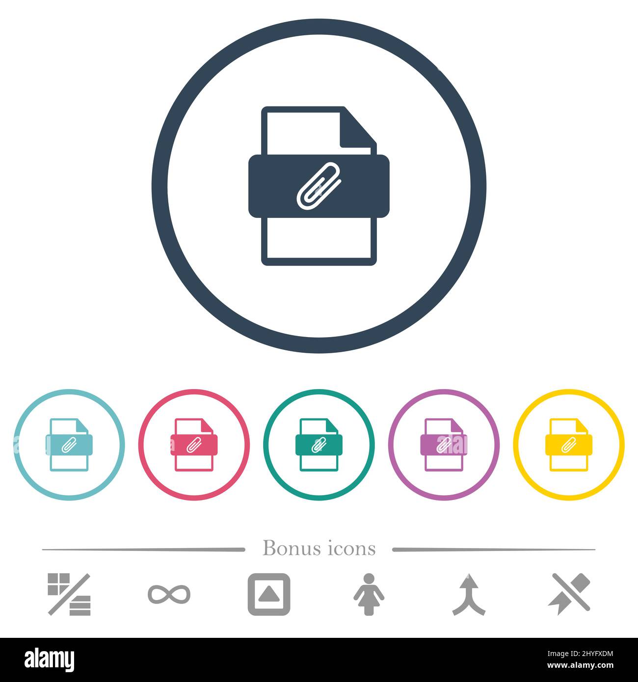 Attachment file type flat color icons in round outlines. 6 bonus icons ...