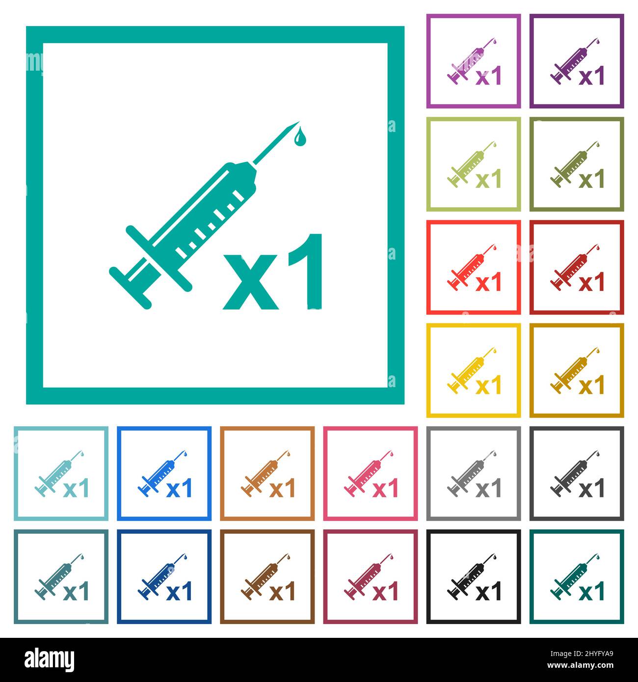 First vaccine dose flat color icons with quadrant frames on white ...
