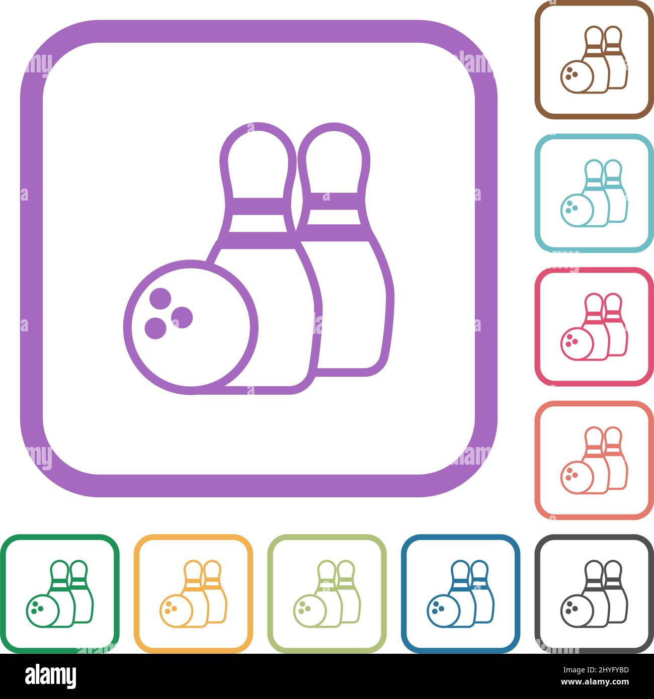 Bowling outline simple icons in color rounded square frames on white ...