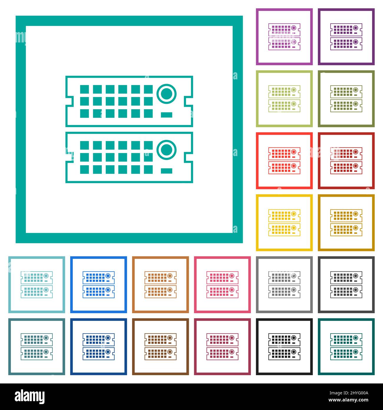 Rack servers outline flat color icons with quadrant frames on white ...