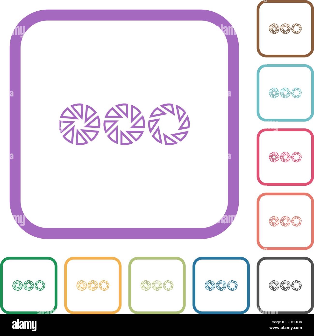 Set Aperture Size Outline Simple Icons In Color Rounded Square Frames On White Background Stock