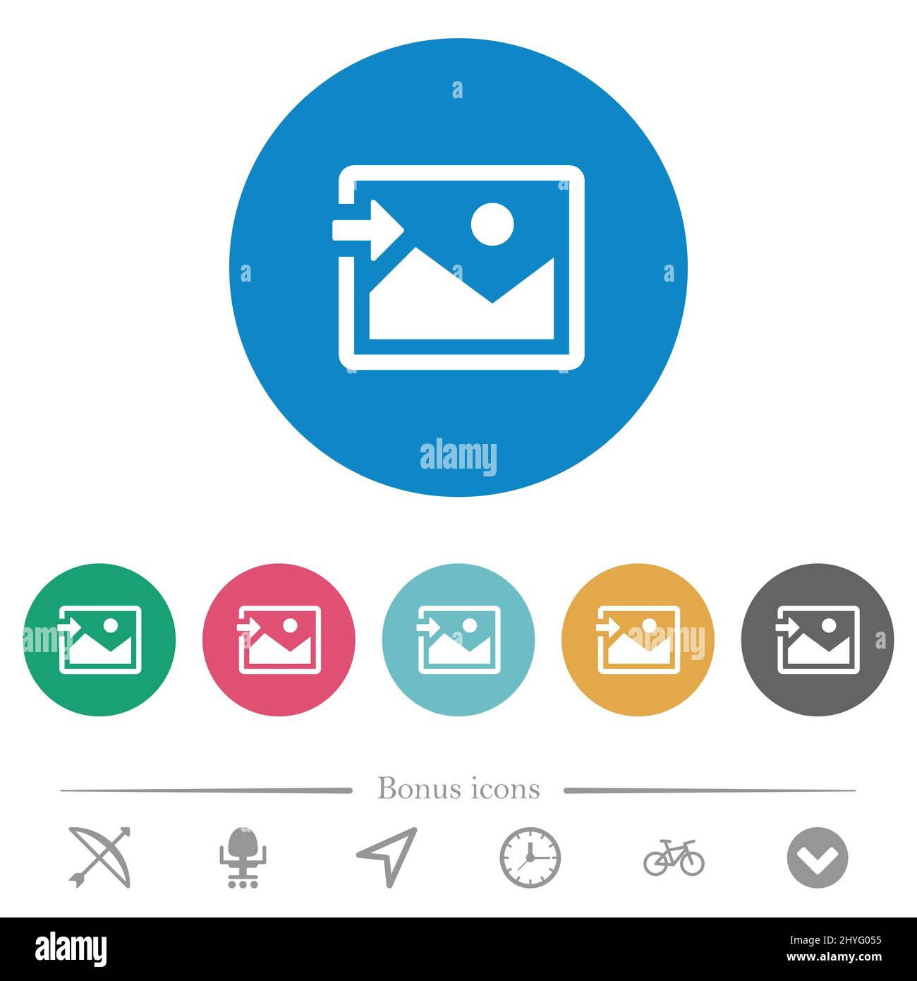 Import image flat white icons on round color backgrounds. 6 bonus icons ...