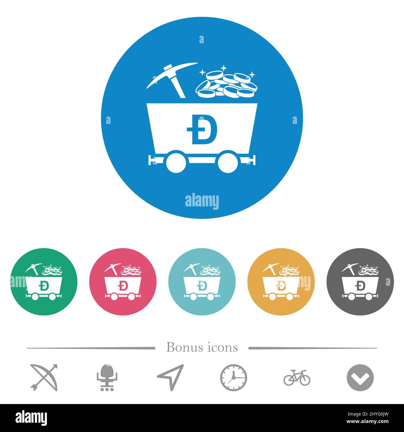 Dogecoin cryptocurrency mining with treasure flat white icons on round ...