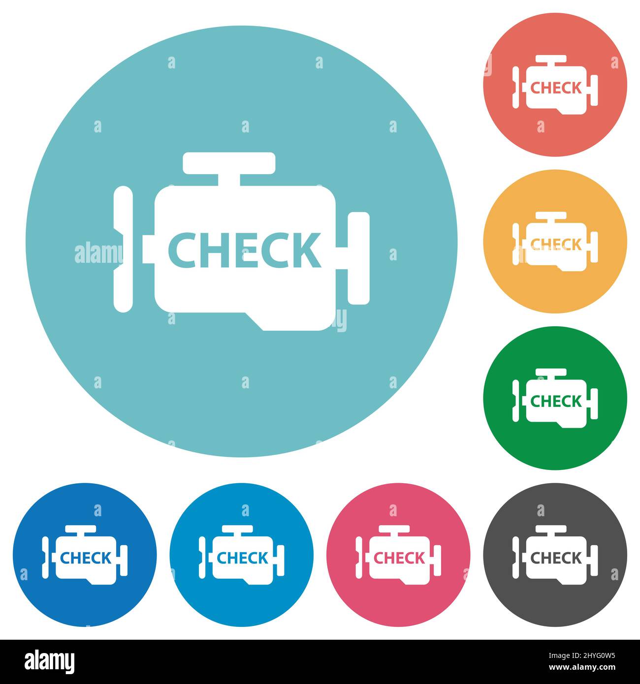Check engine symbol flat white icons on round color backgrounds Stock ...