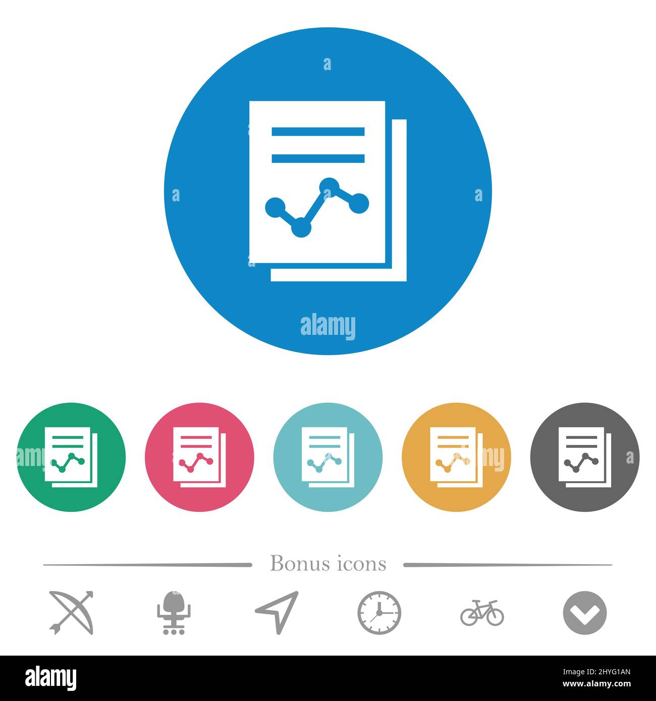 Report with graph solid flat white icons on round color backgrounds. 6 ...