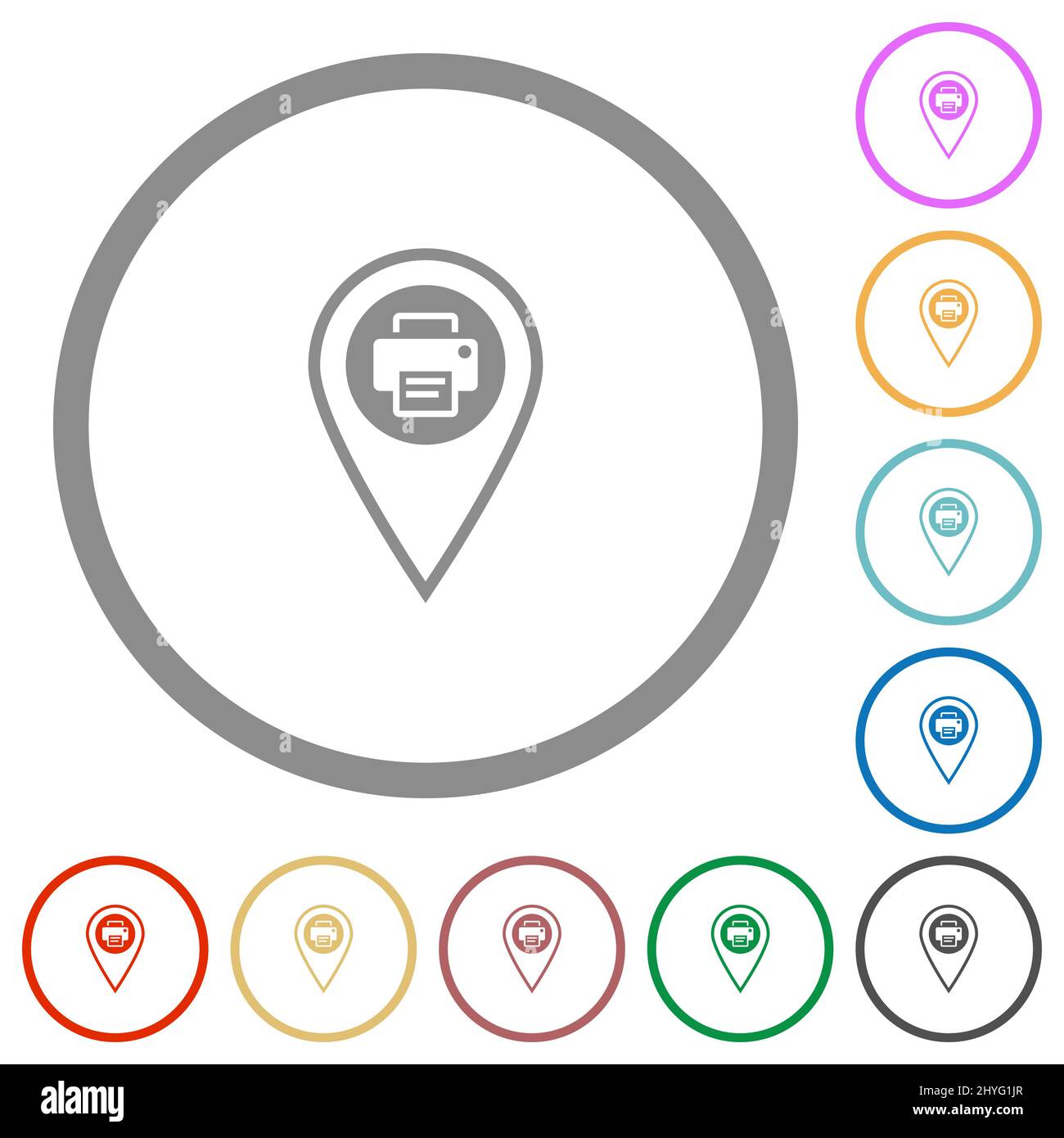 Print GPS location flat color icons in round outlines on white ...