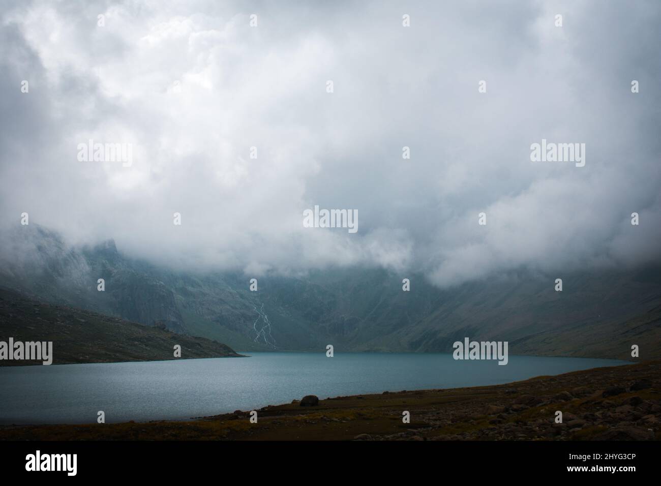 Alpine high altitude glacial lake called Gangbal in Kashmir nestled in ...