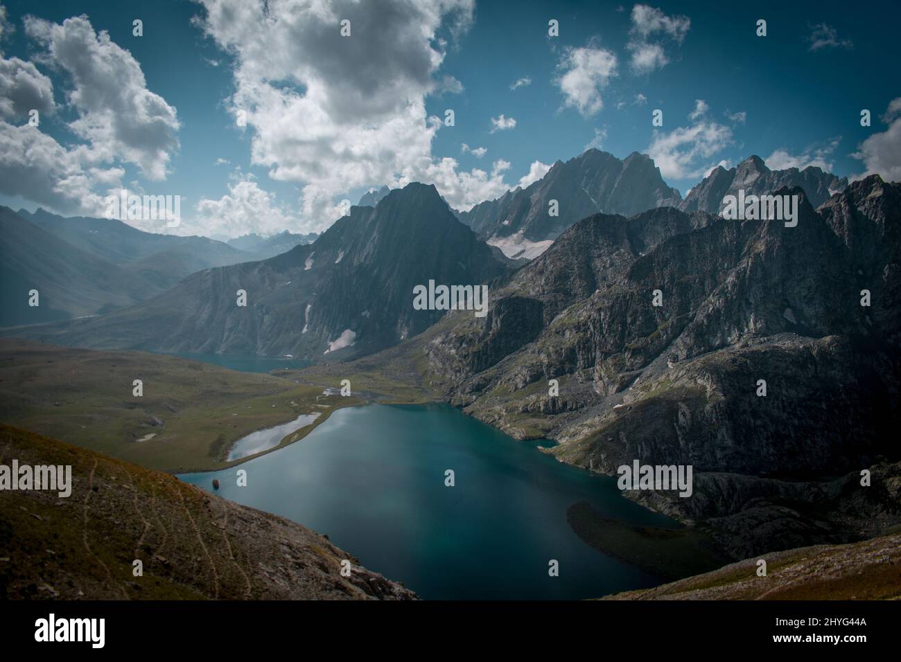 Alpine high altitude glacial lake called Kishansar in Kashmir nestled ...