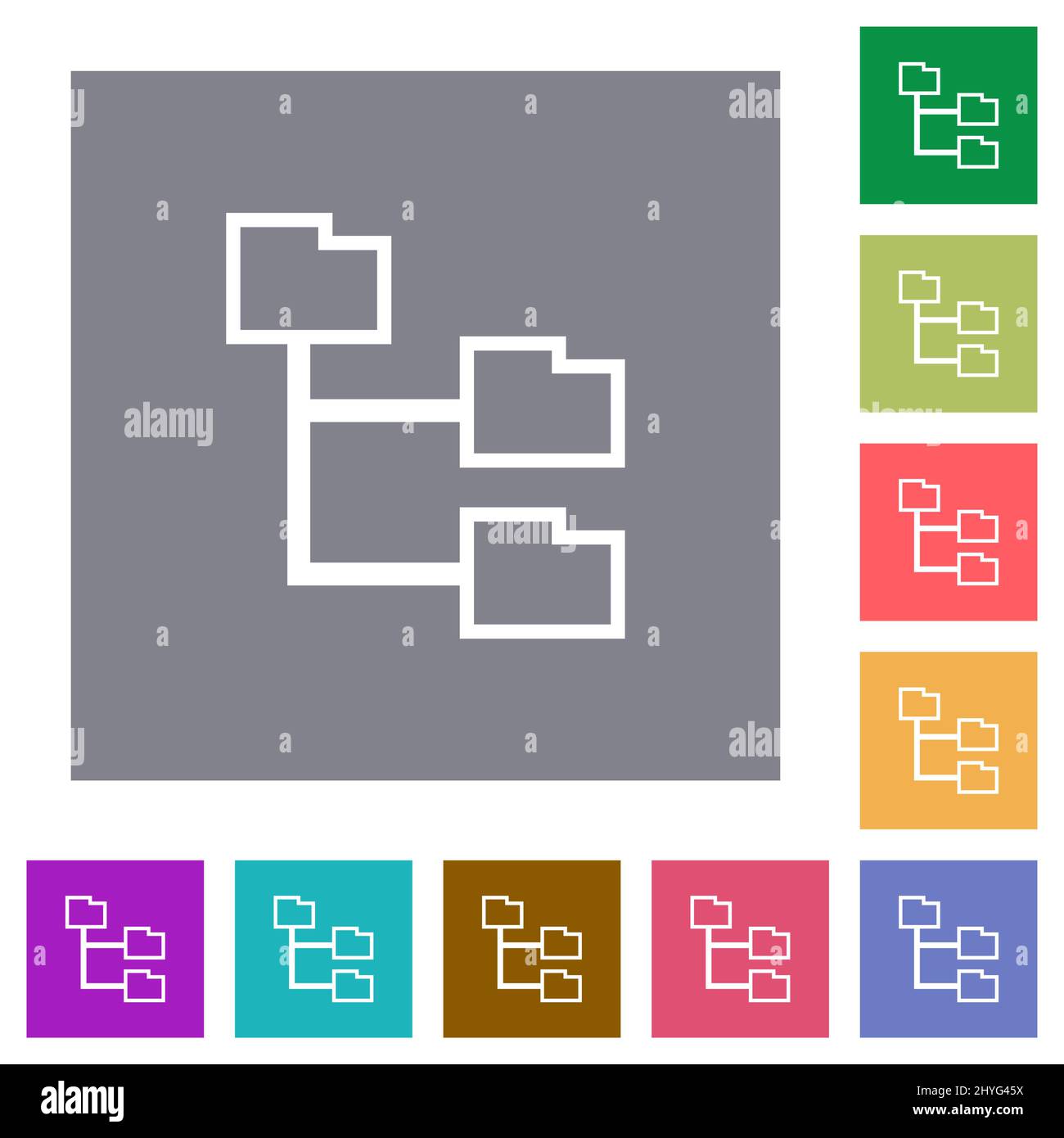 Folder structure outline flat icons on simple color square backgrounds ...
