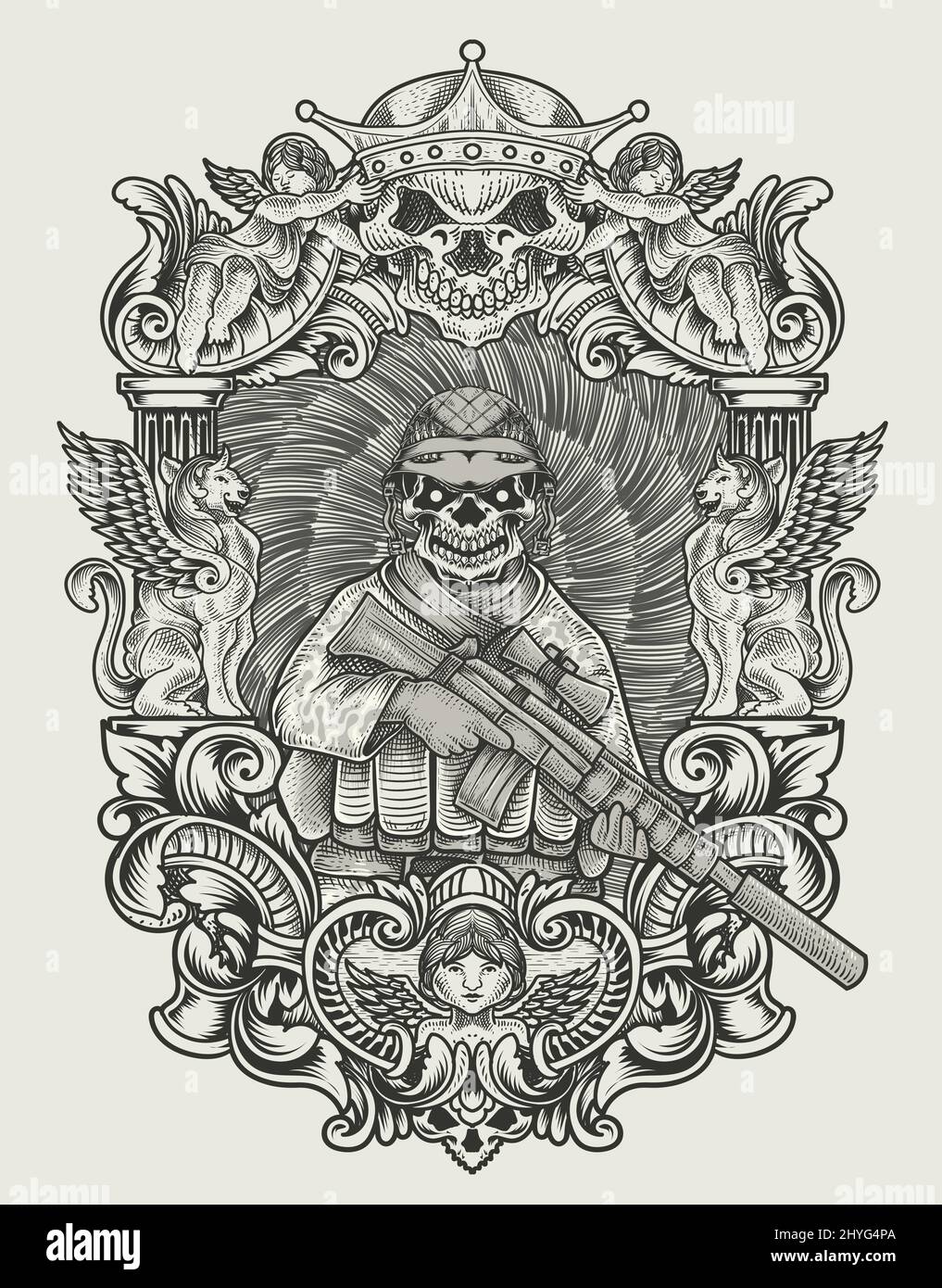 illustration vintage skull army with engraving style Stock Vector Image ...