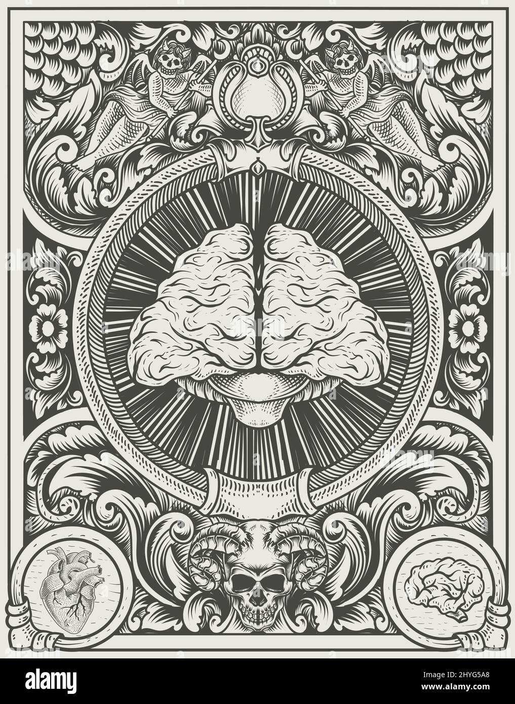 illustration antique brain with engraving style Stock Vector Image ...