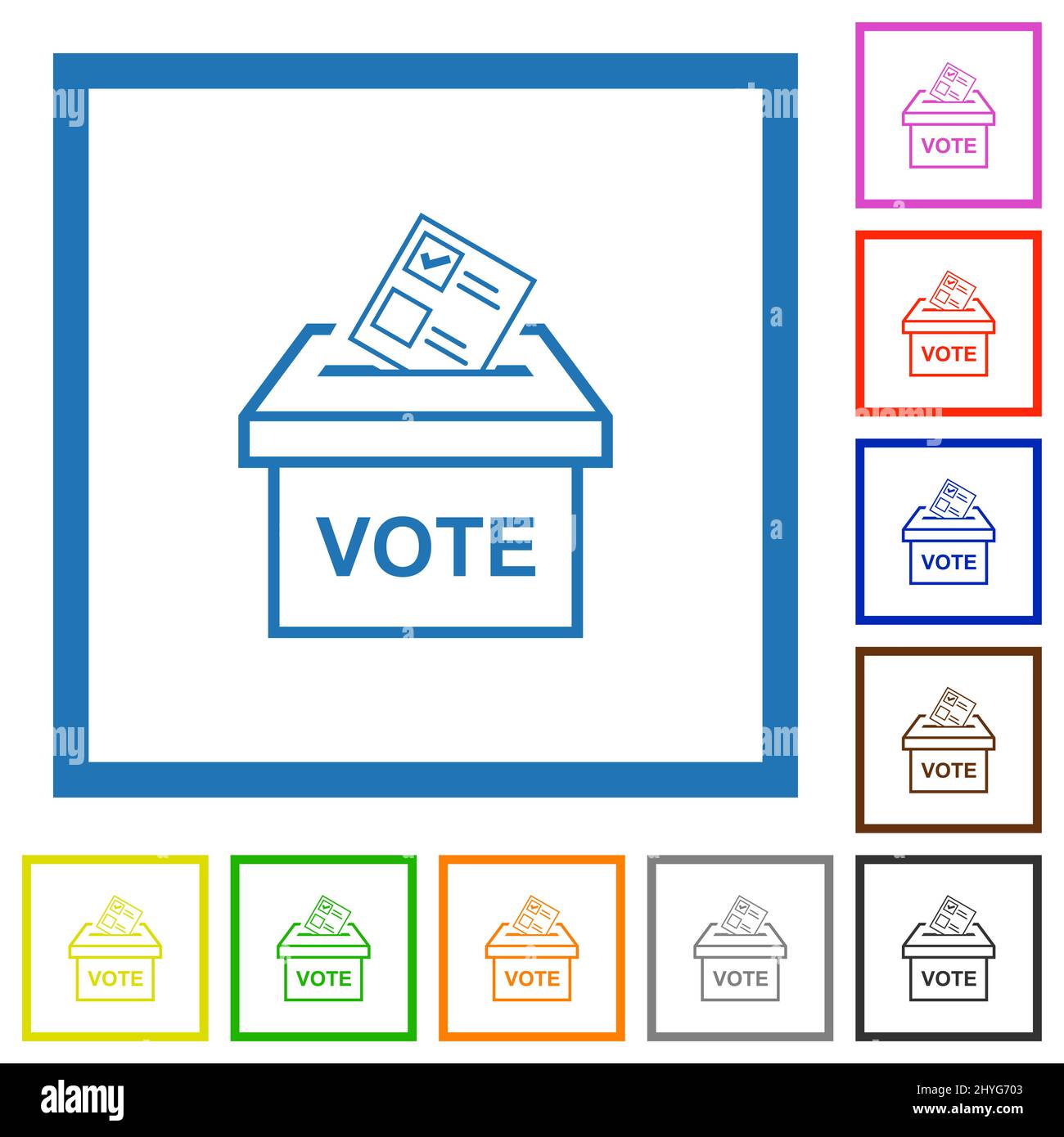 Voting paper and ballot box outline flat color icons in square frames ...