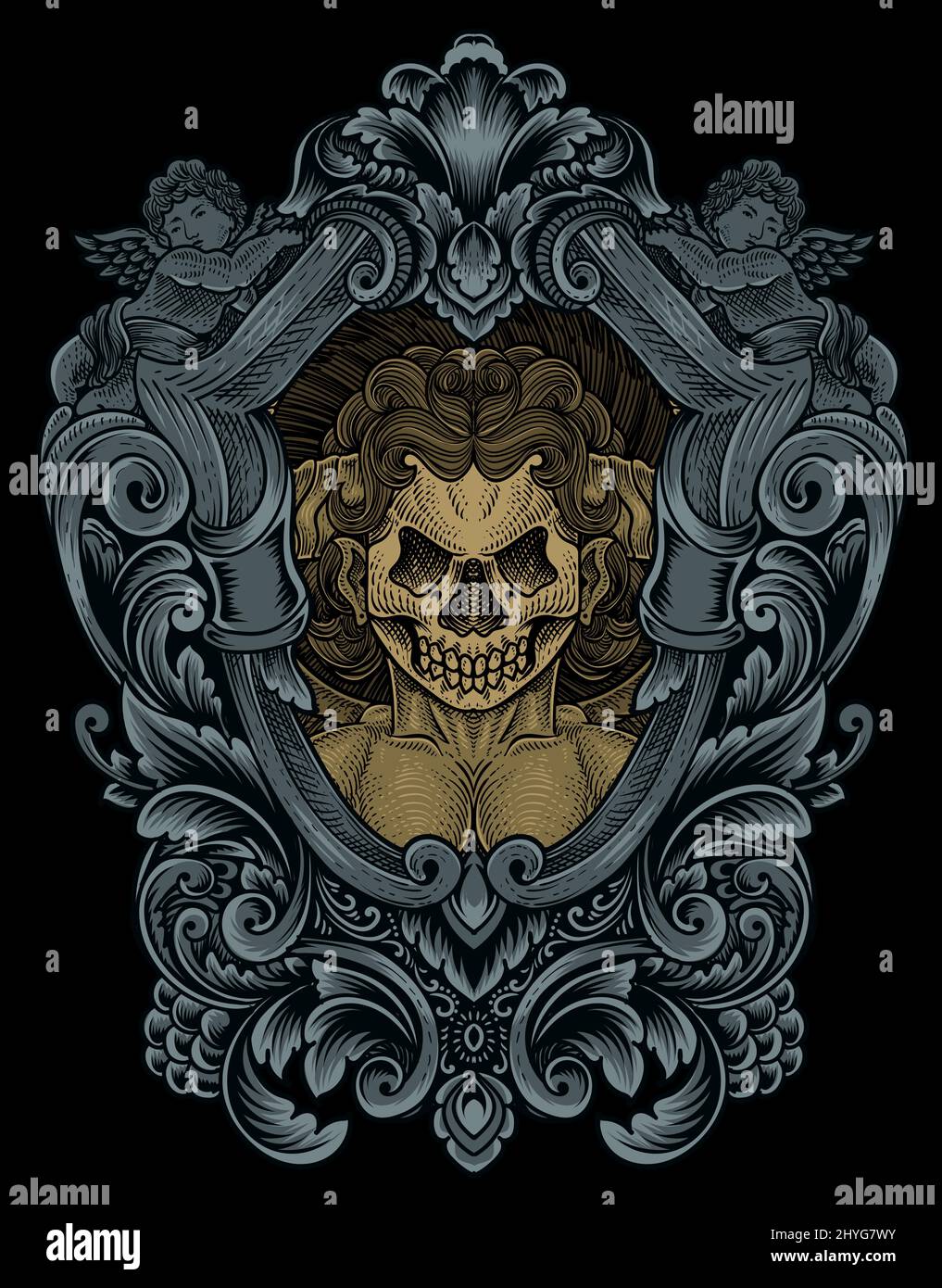 illustration demonic angel skull with engraving ornament frame Stock ...