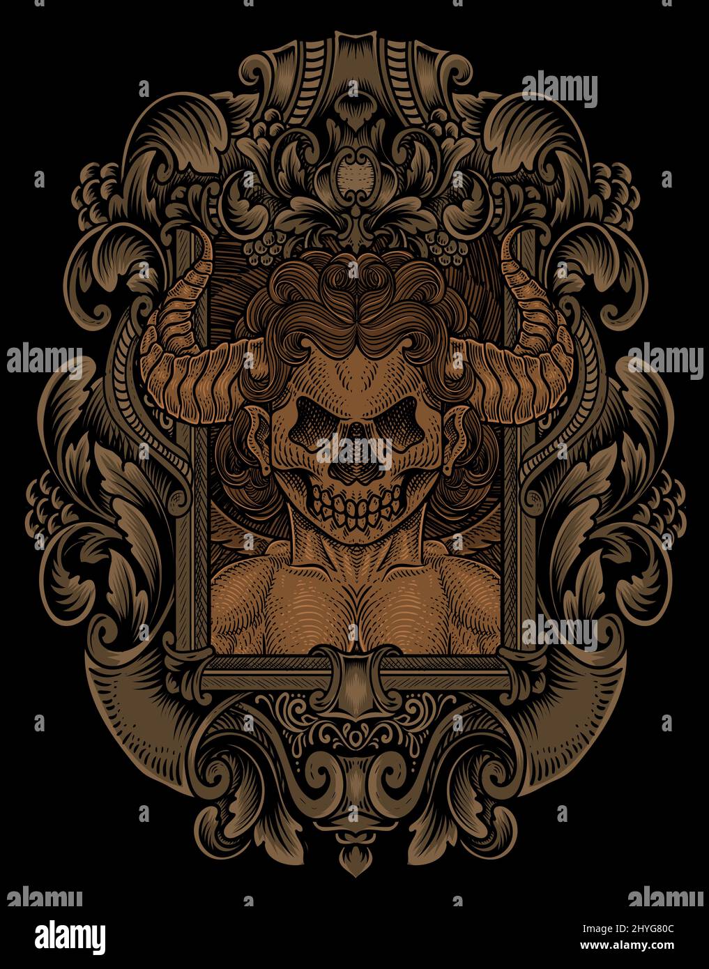 illustration demonic angel skull with engraving ornament frame Stock ...