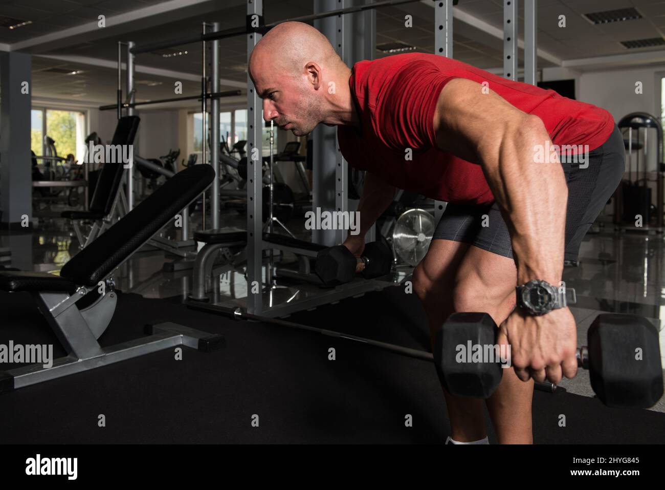 Serious Bodybuilder Doing Heavy Weight Exercise For Trapezius or Back ...