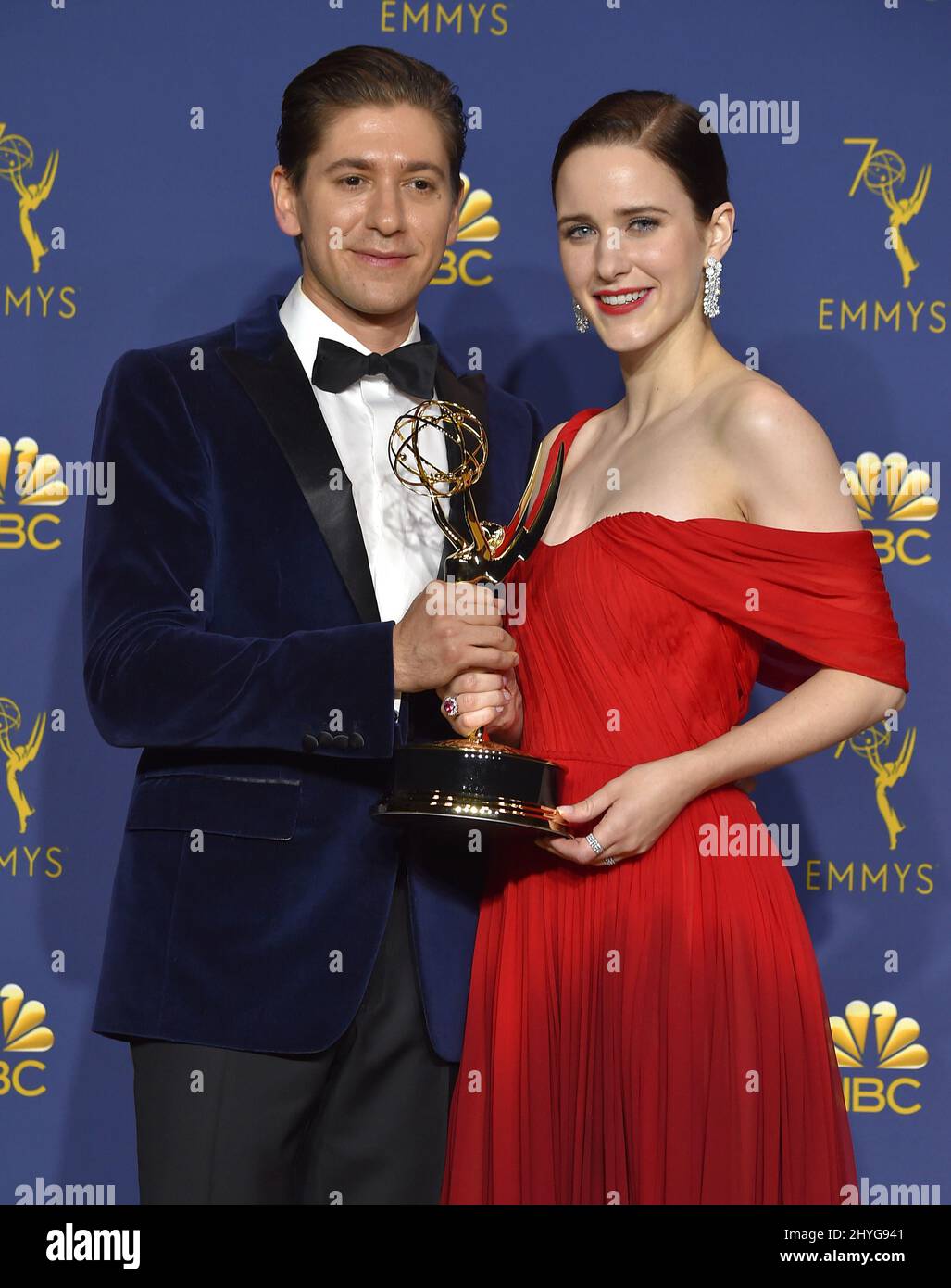 Michael Zegen and Rachel Brosnahan at the 70th Primetime Emmy Awards ...