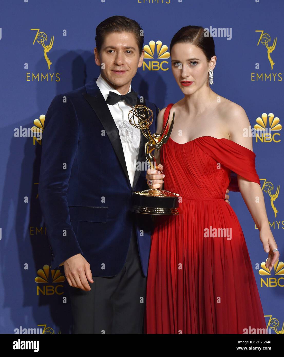 Michael Zegen and Rachel Brosnahan at the 70th Primetime Emmy Awards ...