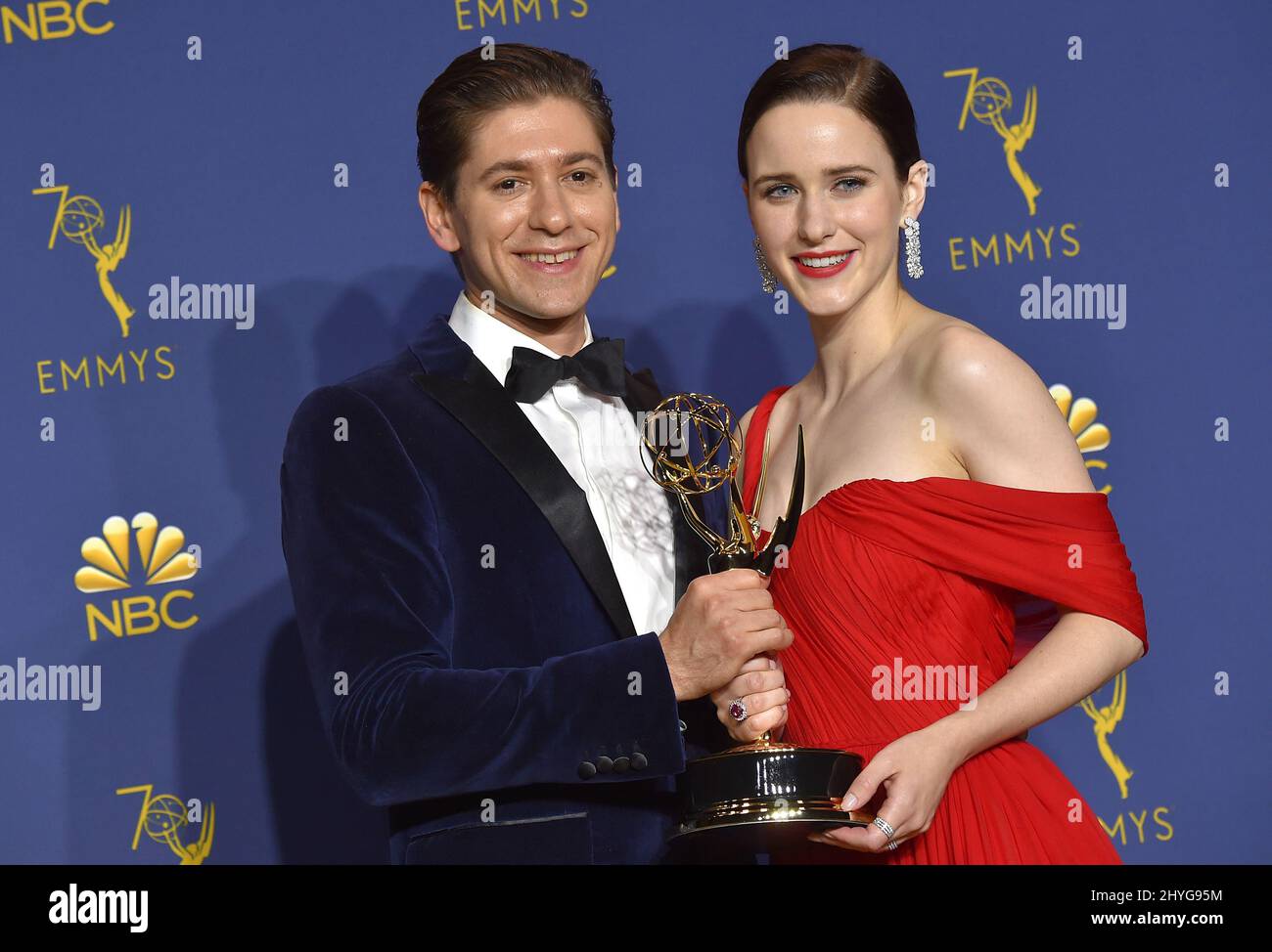 Michael Zegen and Rachel Brosnahan at the 70th Primetime Emmy Awards ...