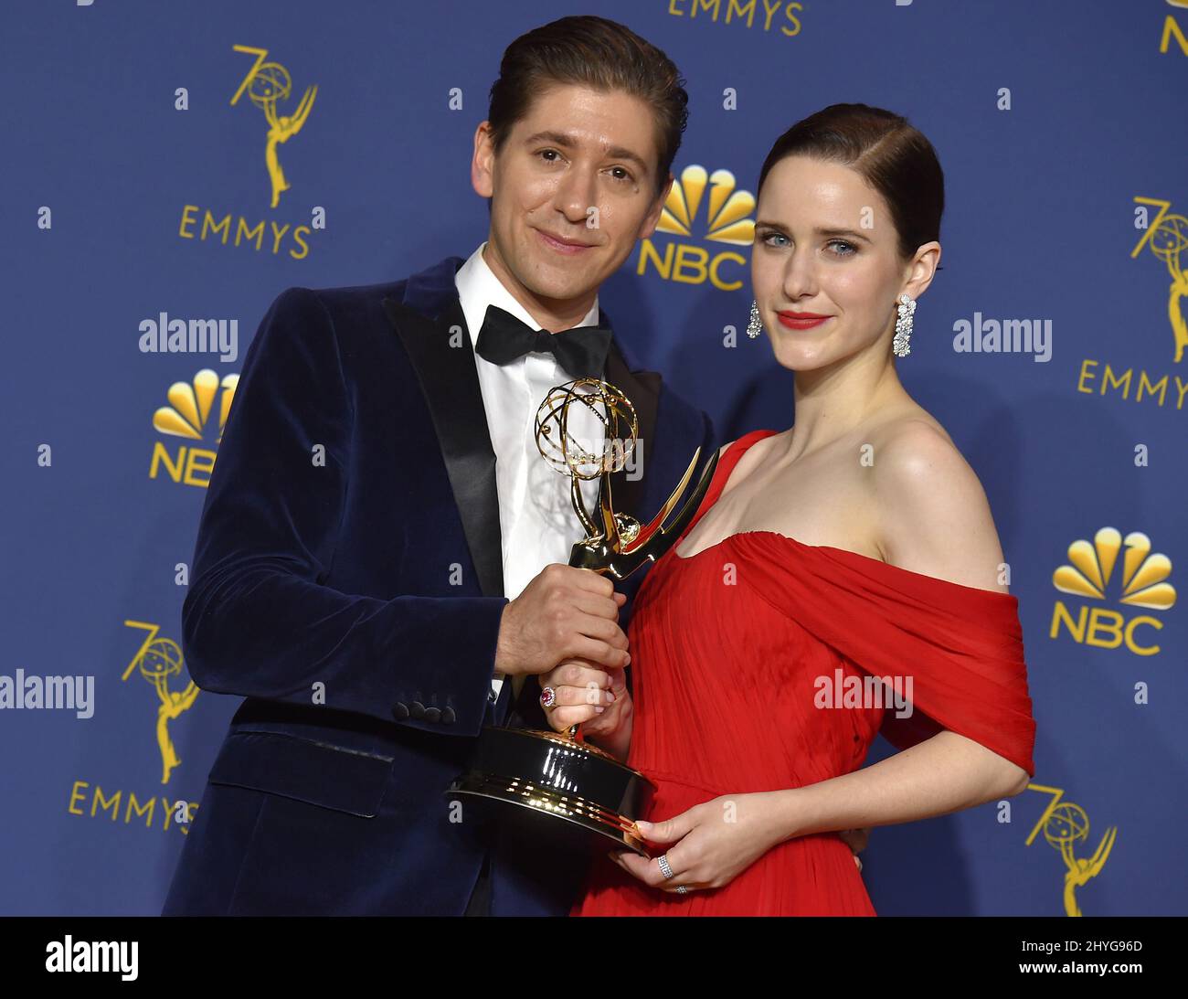 Michael Zegen and Rachel Brosnahan at the 70th Primetime Emmy Awards ...