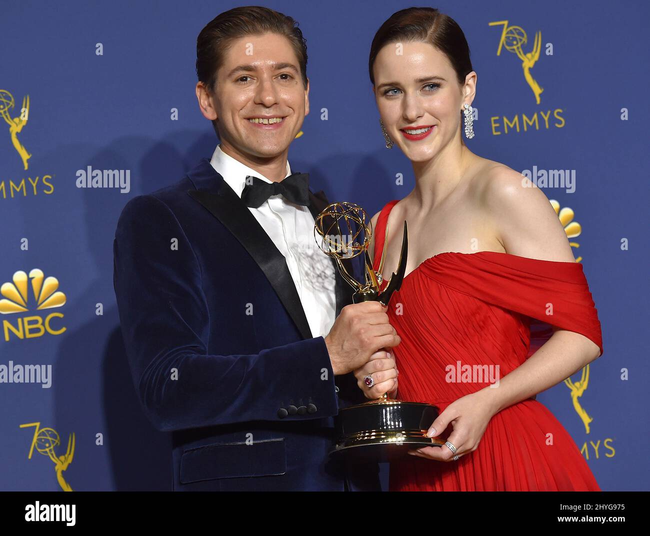 Michael Zegen and Rachel Brosnahan at the 70th Primetime Emmy Awards ...