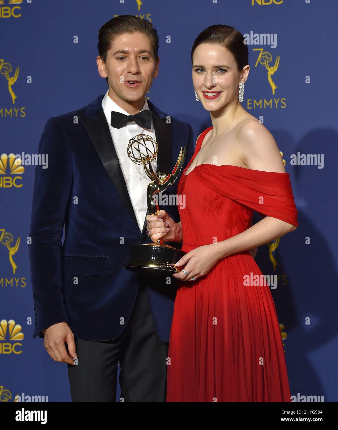 Michael Zegen and Rachel Brosnahan at the 70th Primetime Emmy Awards ...