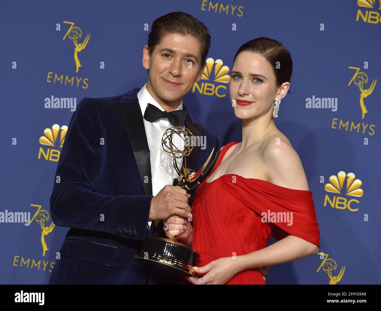 Michael Zegen and Rachel Brosnahan at the 70th Primetime Emmy Awards ...