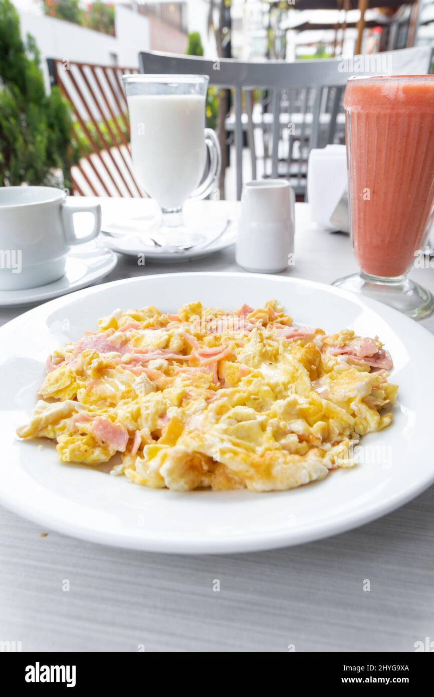 Vertical shot of delicious scramble with ham Stock Photo - Alamy