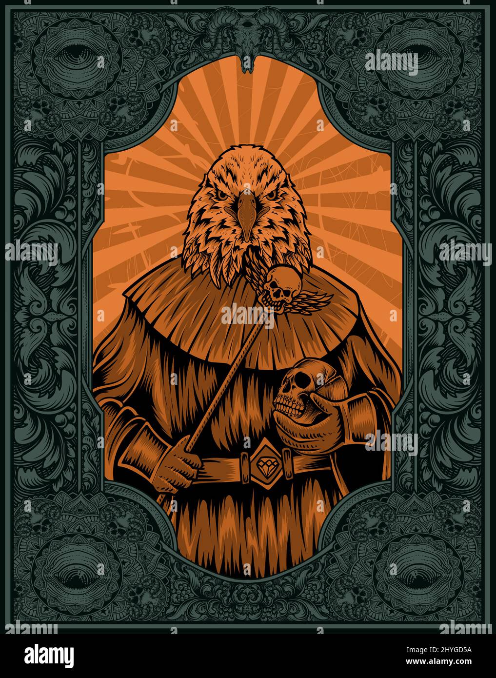 illustration scary eagle satan on engraving ornament frame Stock Vector ...