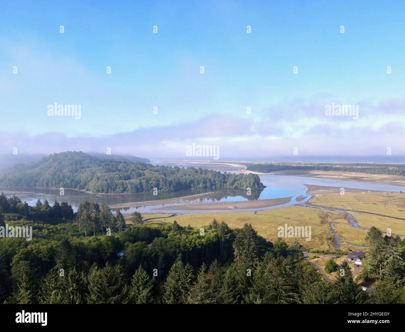 Aerial view of a meadow with a river surrounded by trees Stock Photo ...