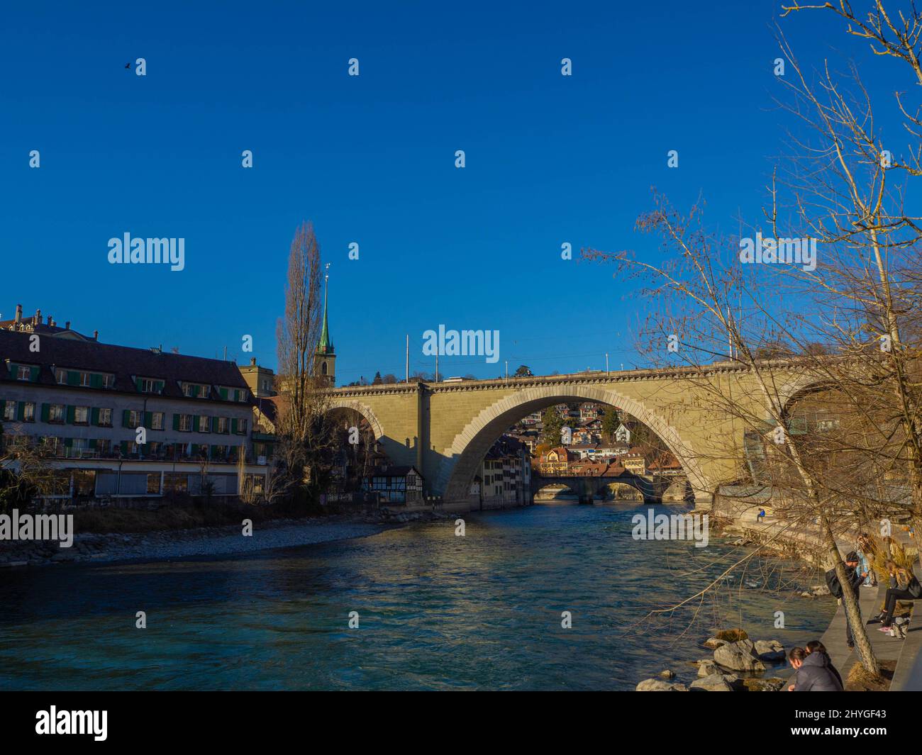Closeup shot of the Untertorbrucke arch bridge over the Aare river in ...