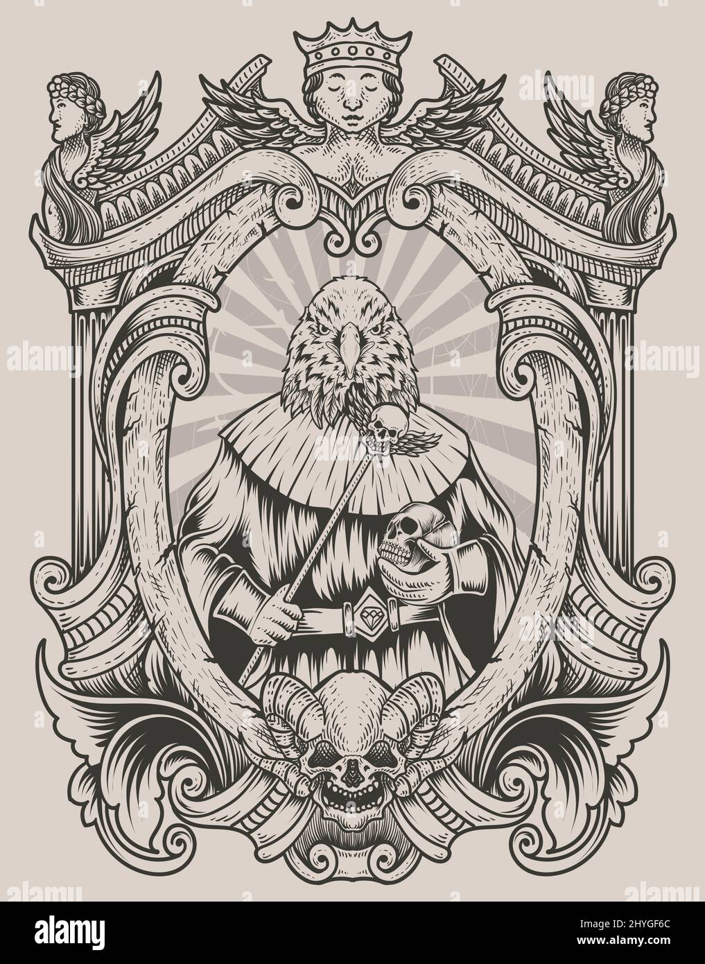 illustration scary eagle satan on engraving ornament frame Stock Vector ...