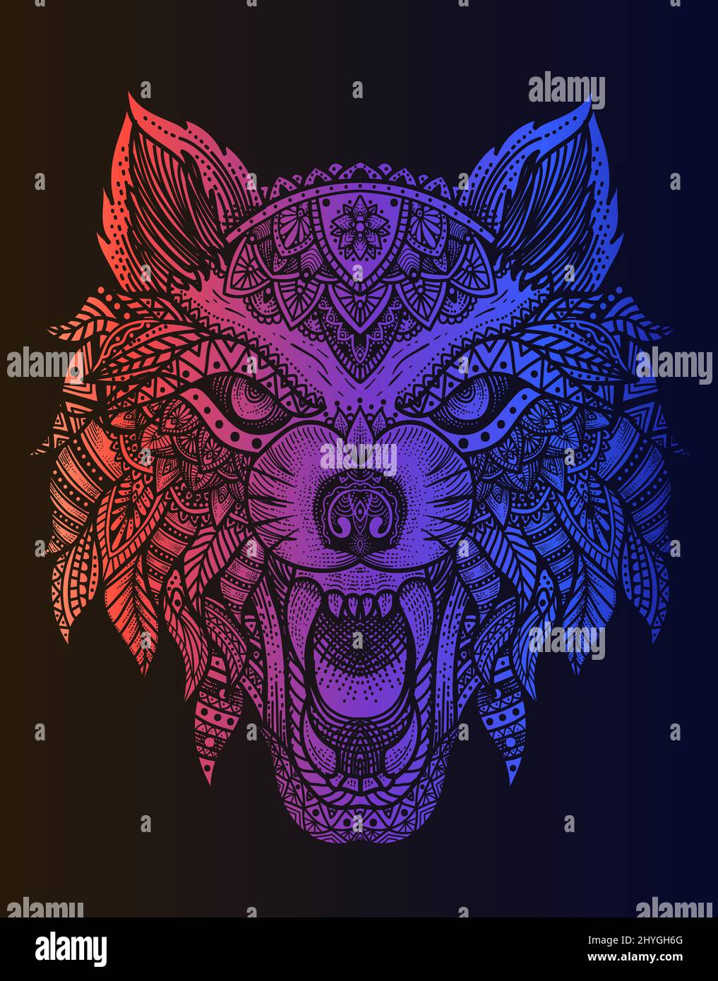 illustration wolf mandala style with neon color Stock Vector Image ...