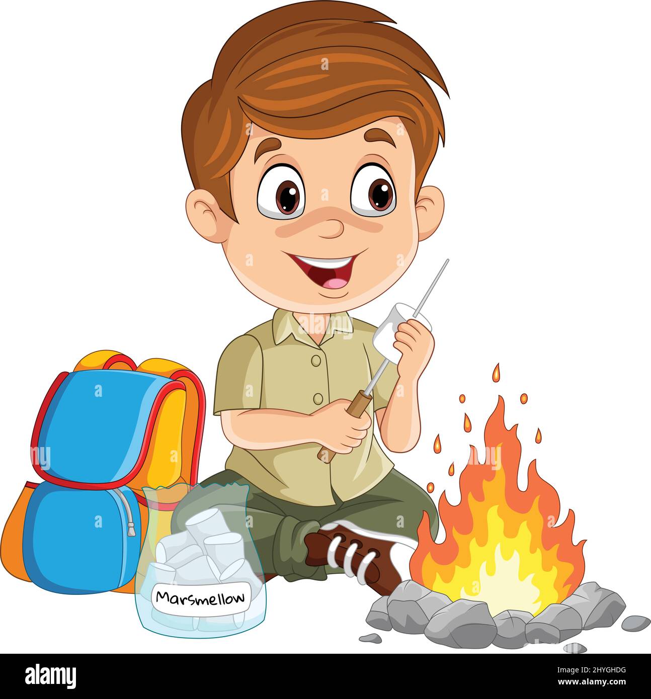 Cartoon scout boy roasting a marshmallow Stock Vector Image & Art - Alamy